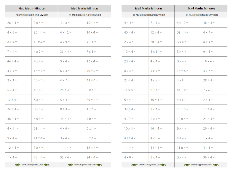 Free 4x Table Worksheets and Games (no sign-up) - Snappy Maths